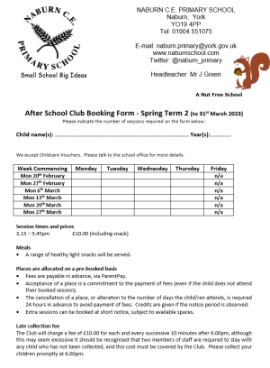 Spring 2 ASC Bookings | Naburn Church of England Primary School